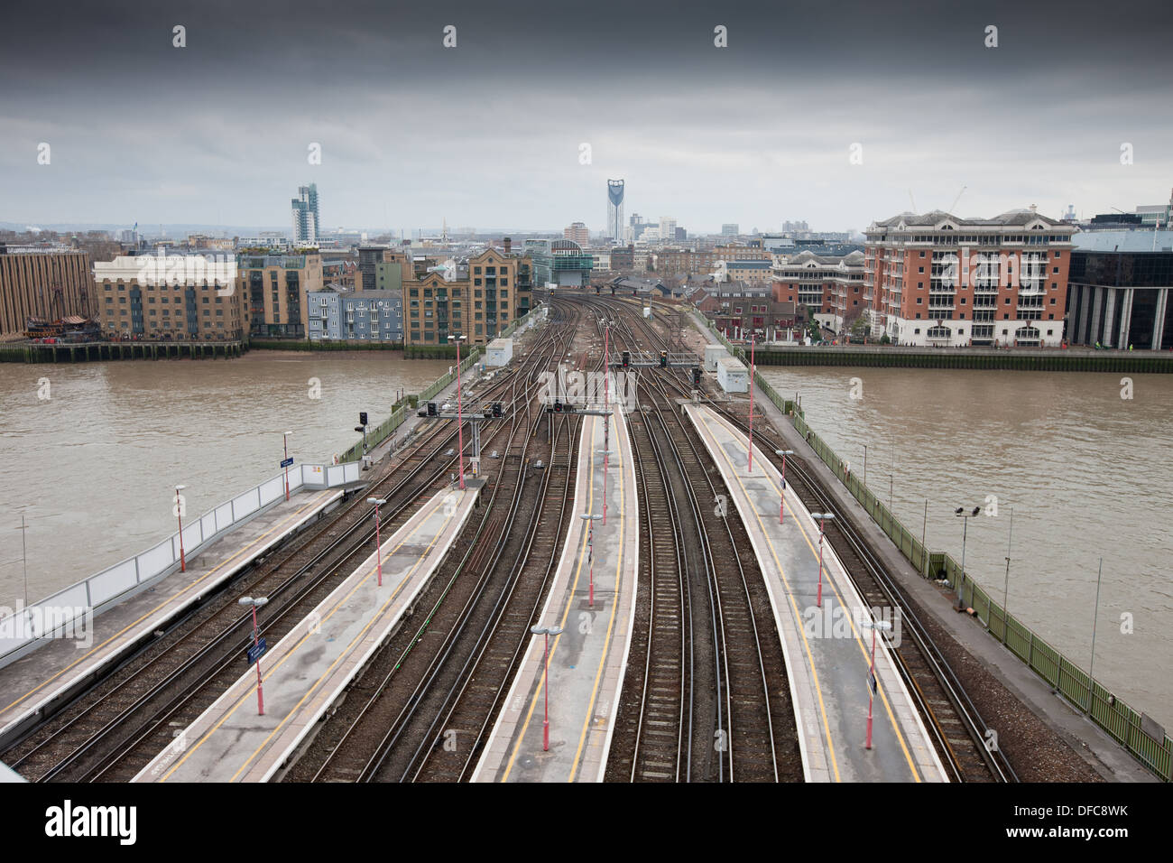 The view across the Thames from above Canon Street Station in London ...