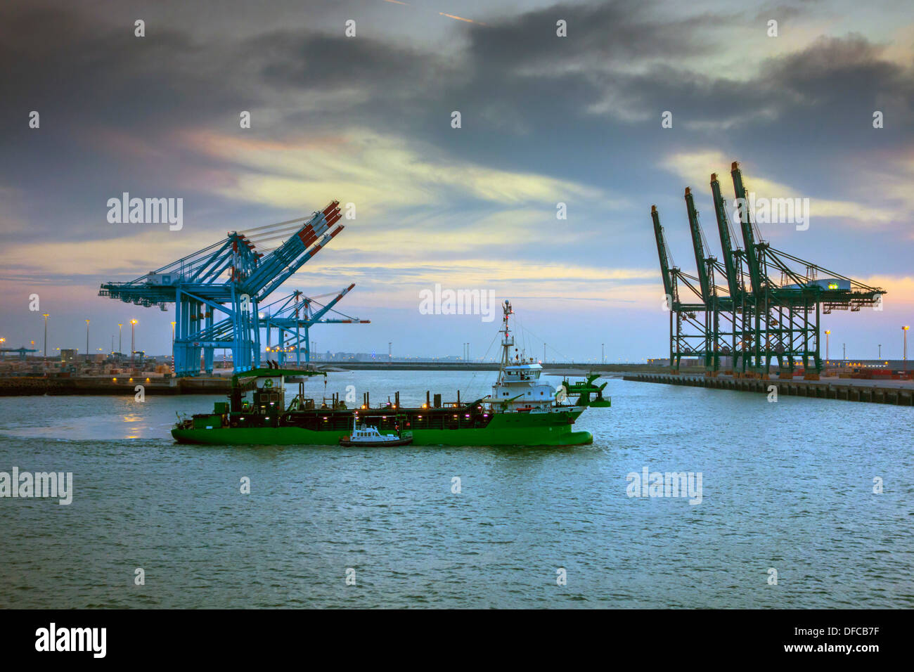 Zeebrugge port and container terminal, commerce, with ships, cranes and ...