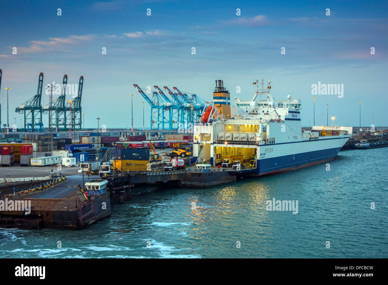 Zeebrugge port and container terminal, commerce, with ships, cranes and ...