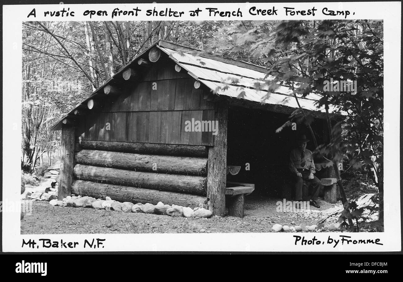 A rustic open-front shelter at French Creek Forest Camp in Mount Baker ...