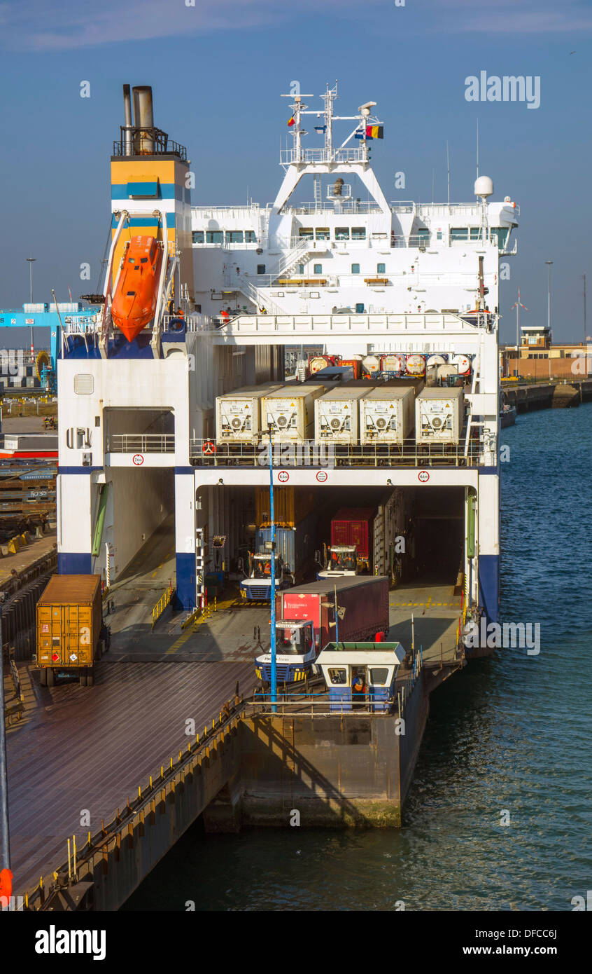 Zeebrugge port and container terminal, commerce, with ships, cranes and ...