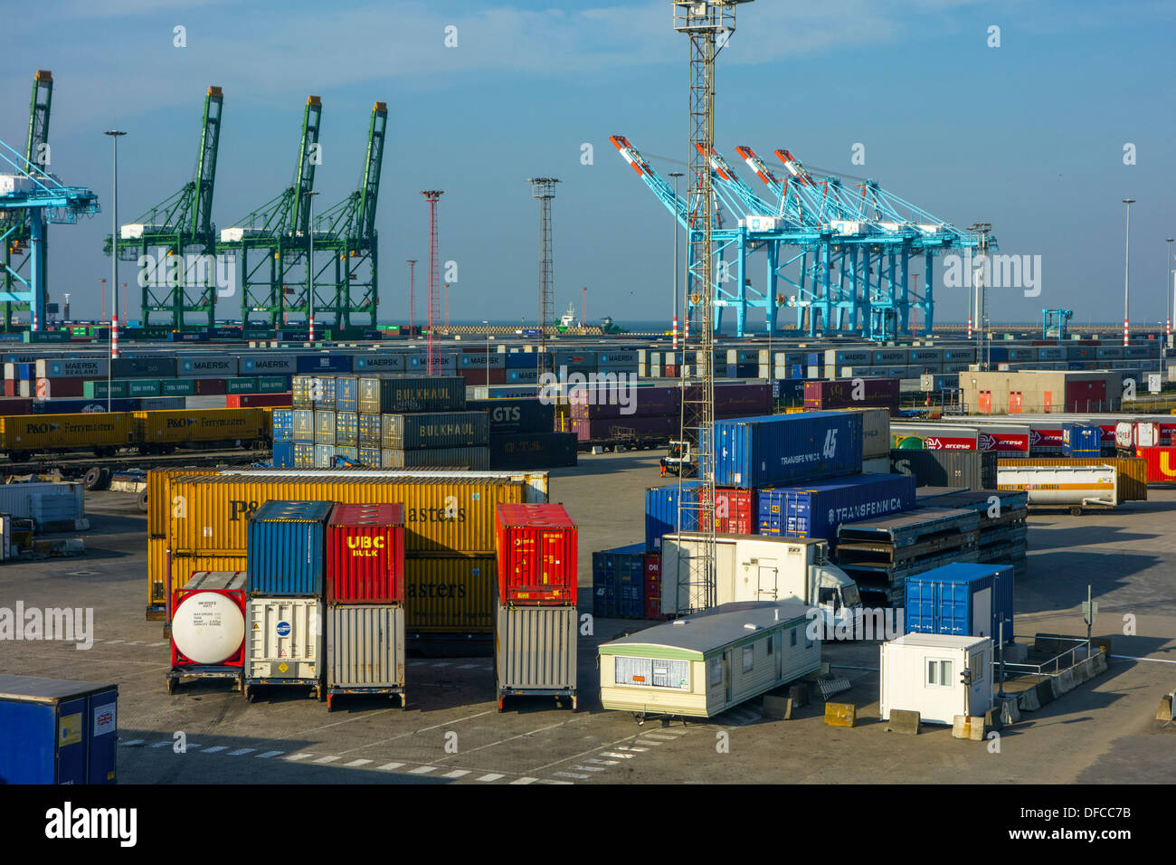 Zeebrugge port and container terminal, commerce, with ships, cranes and ...