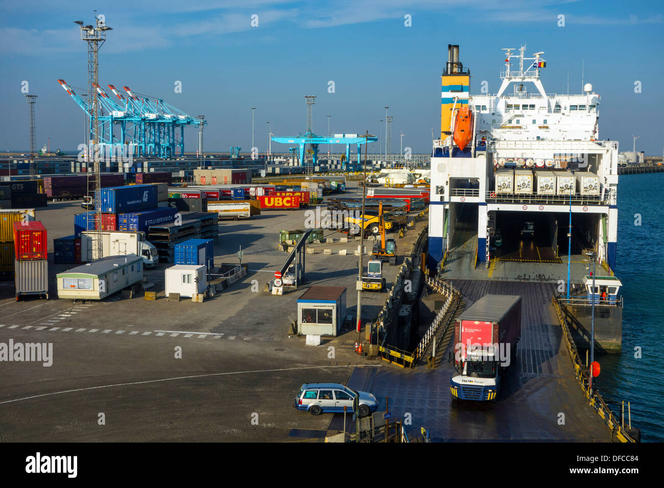 Zeebrugge port and container terminal, commerce, with ships, cranes and ...