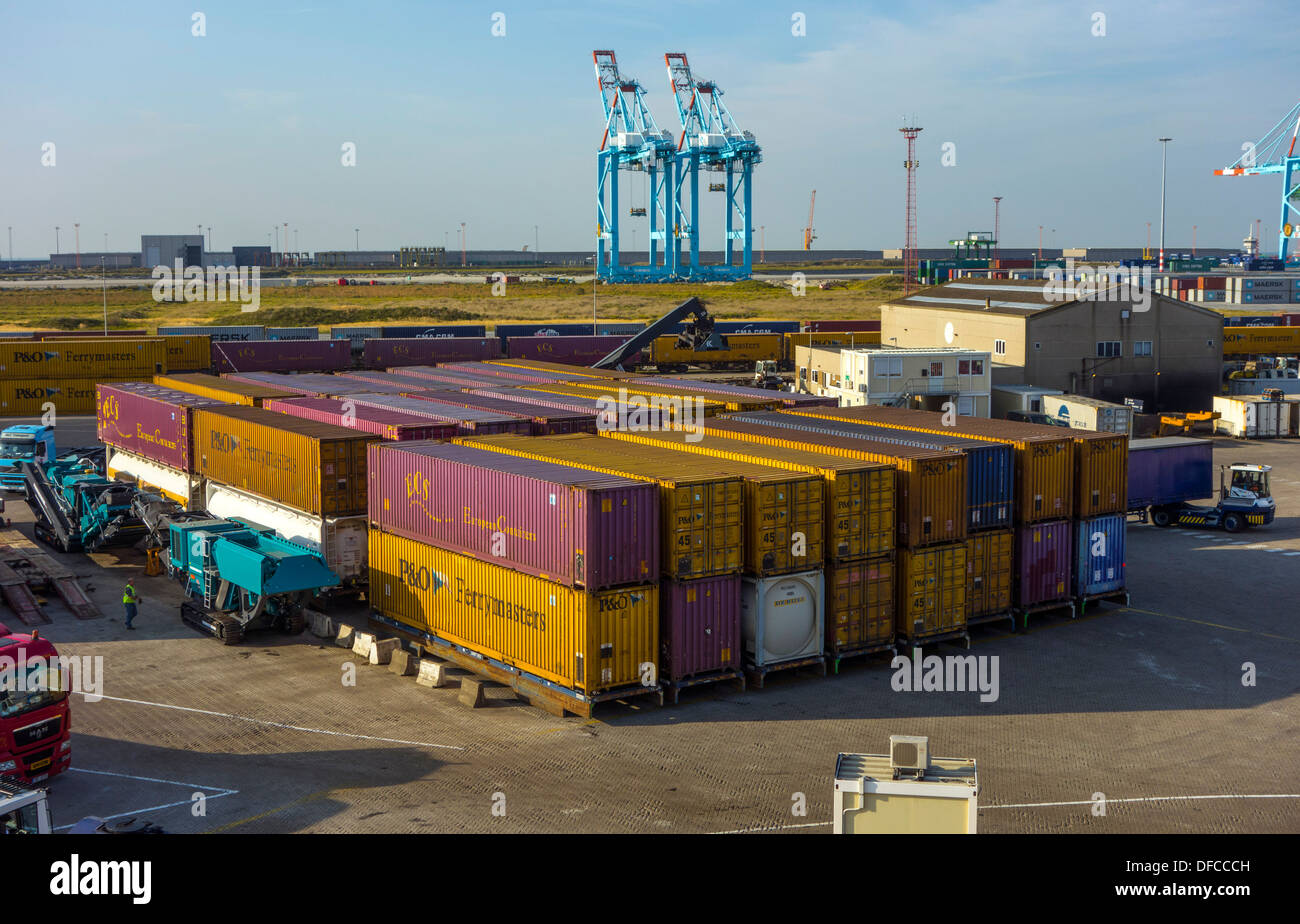 Zeebrugge port and container terminal, commerce, with ships, cranes and ...
