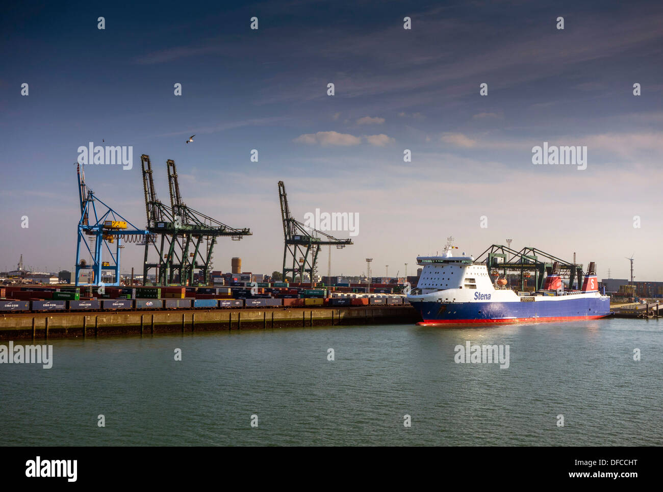 Zeebrugge port and container terminal, commerce, with ships, cranes and ...