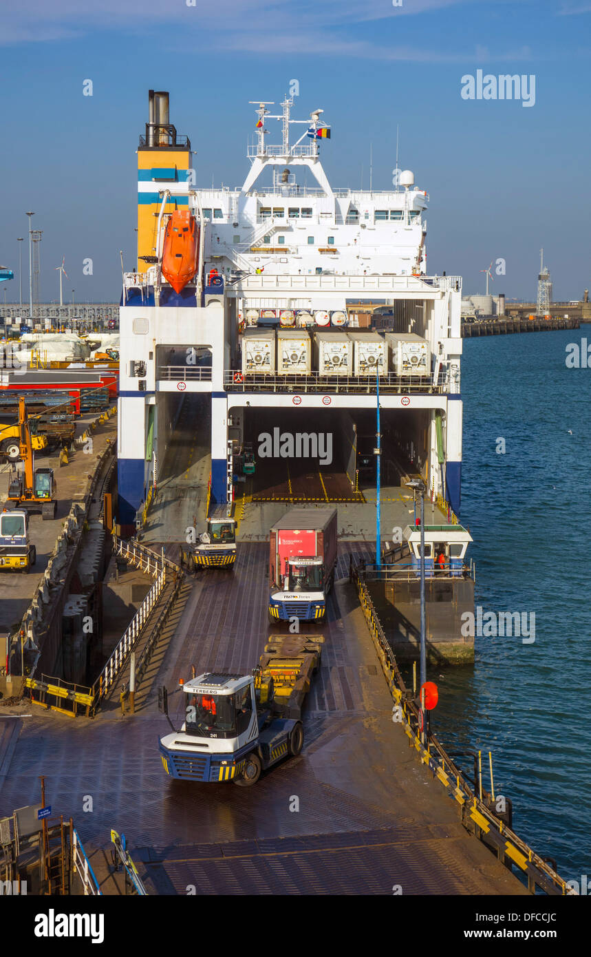 Zeebrugge port and container terminal, commerce, with ships, cranes and ...
