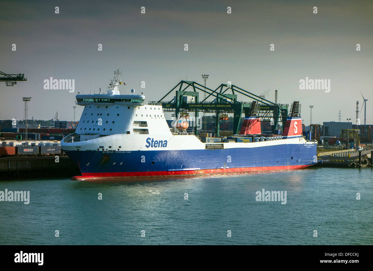 Zeebrugge port and container terminal, commerce, with ships, cranes and ...