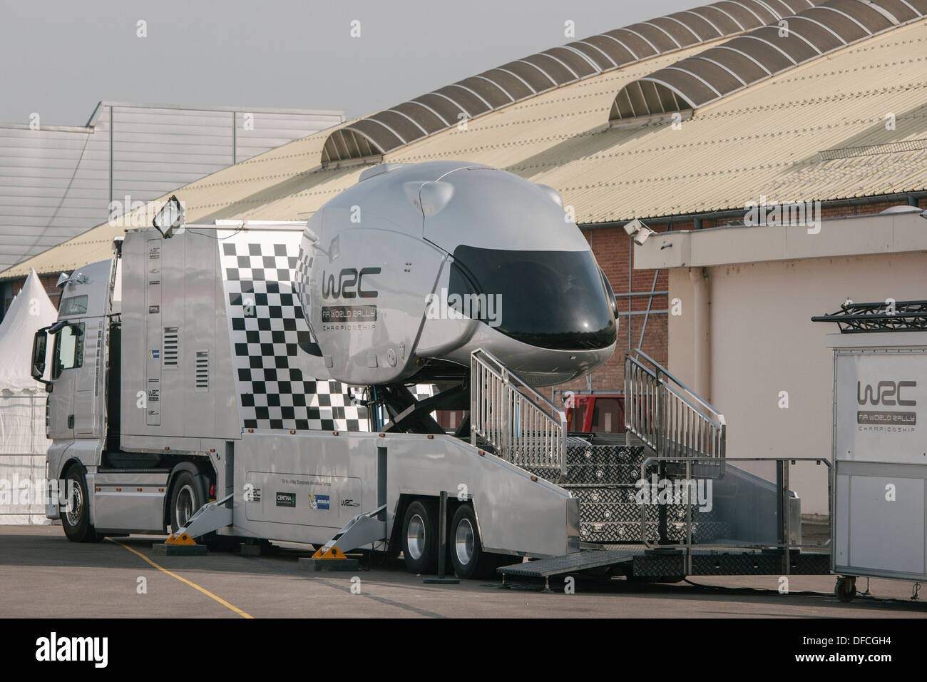 STRASBOURG, FRANCE - OCTOBER 2: WRC Simulator on a truck in staff area ...