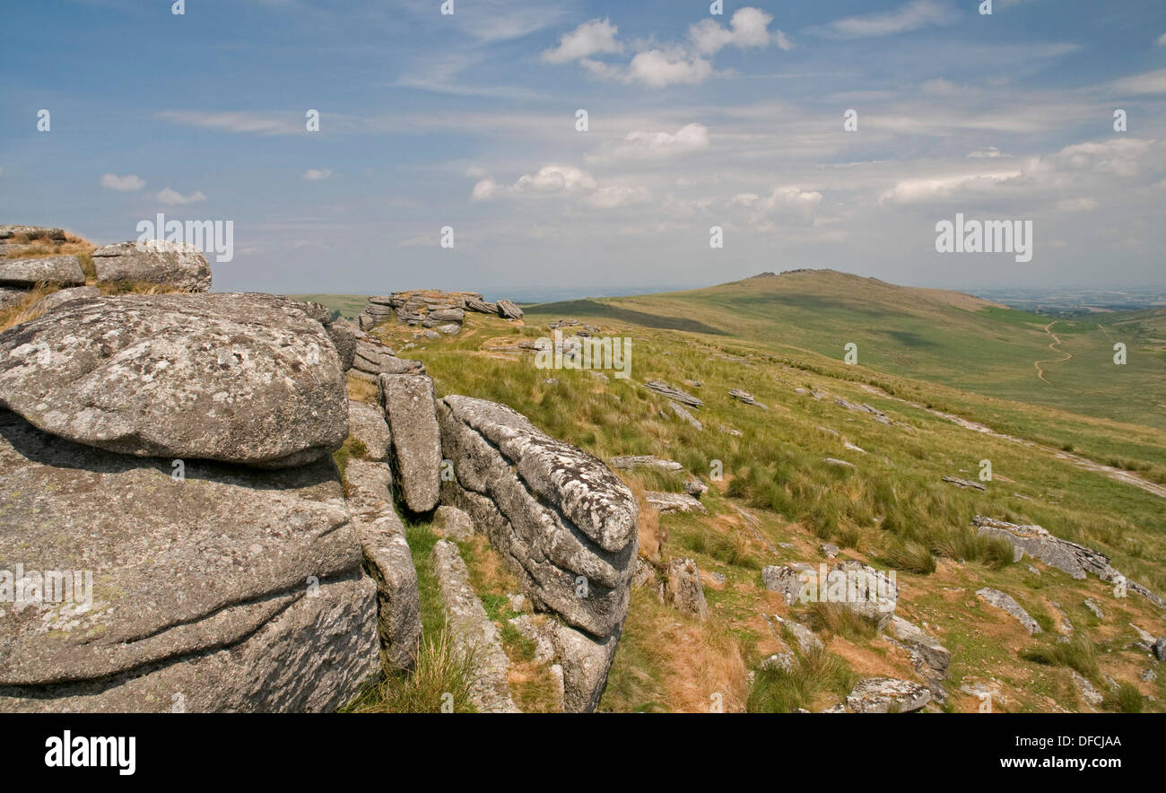 Impressive granite outcrops at Oke Tor on Dartmoor, looking north ...