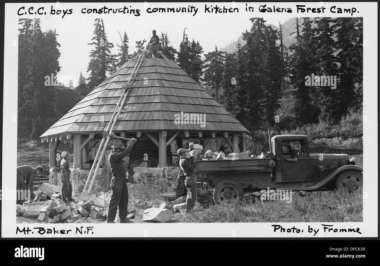 Members of the Civilian Conservation Corps (CCC) construct a community ...