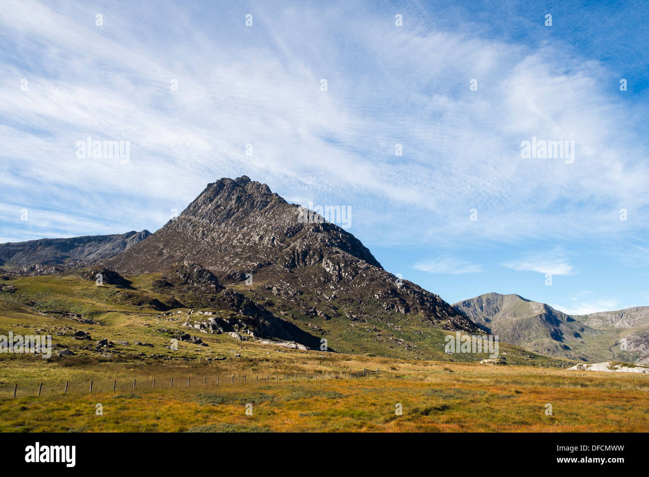 View to Mount Tryfan east face and distant Y Garn in Snowdonia National ...