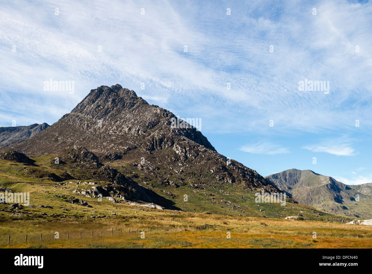 View to Mount Tryfan east face and distant Y Garn in Snowdonia National ...