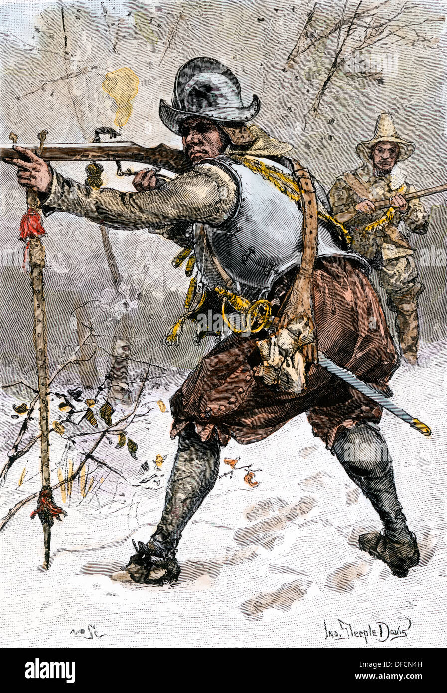 Armor worn by Pilgrims in Massachusetts in 1620. Hand-colored woodcut ...