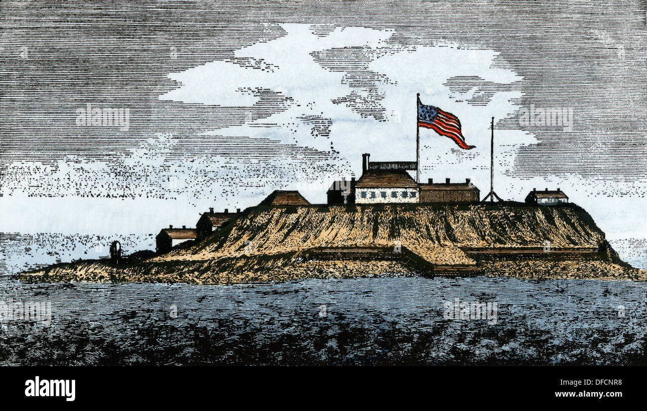 Castle Island flying the new U.S. flag in Boston harbor, 1789. Hand ...