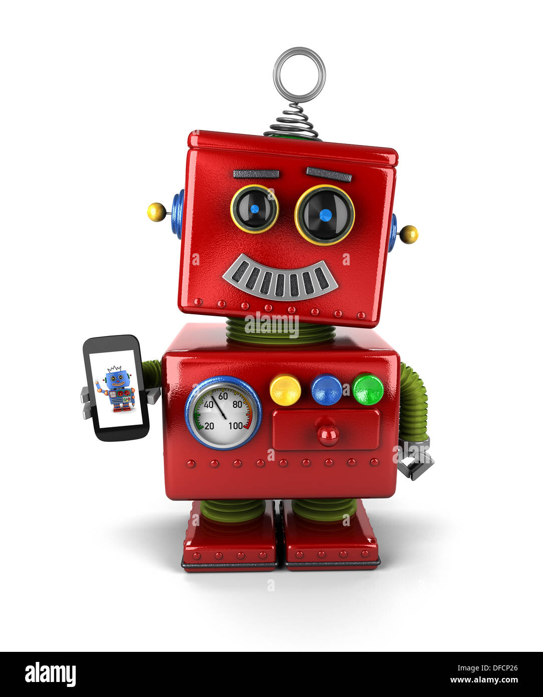 Red, little vintage toy robot with smartphone Stock Photo - Alamy