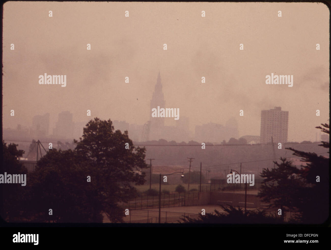 CLEVELAND SKYLINE IN THE SMOG OF JULY 20, 1973, DAY OF POLLUTION ALERT ...
