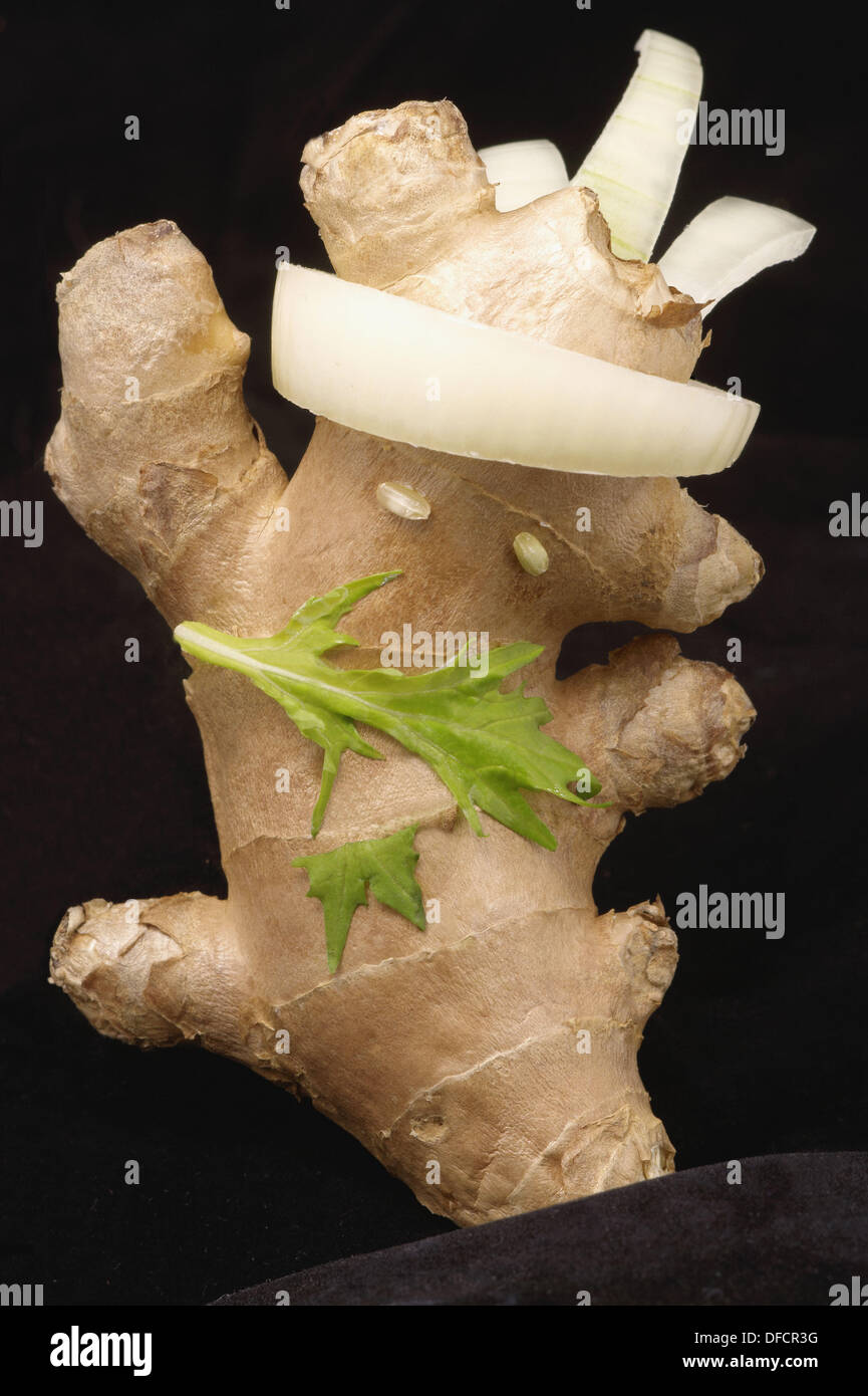 Character made of vegetables ginger body, rocket beard and rice eyes ...