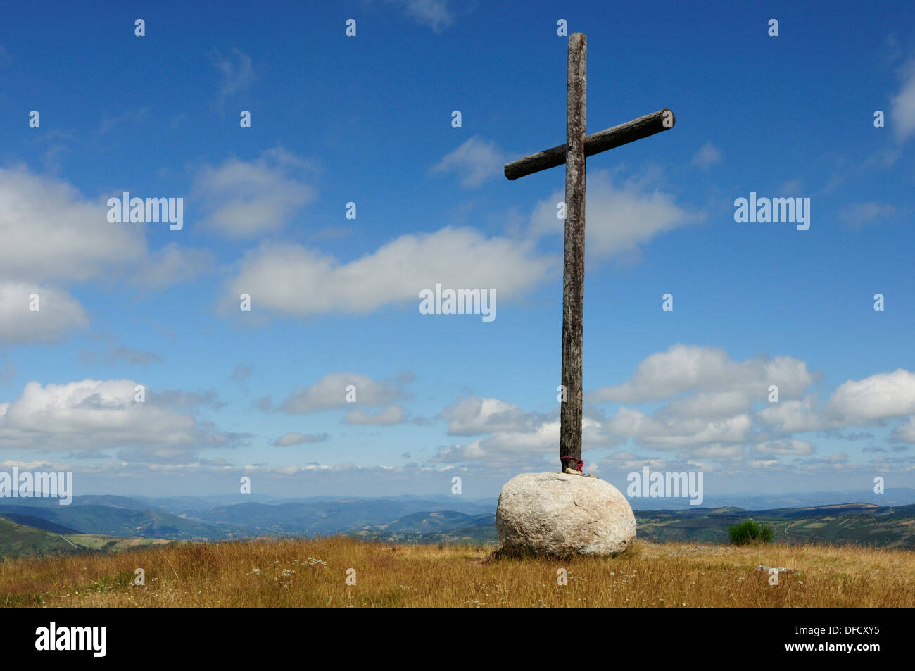 Pilgrim´s cross in O Cebreiro, Galicia, traditionally covered with ...