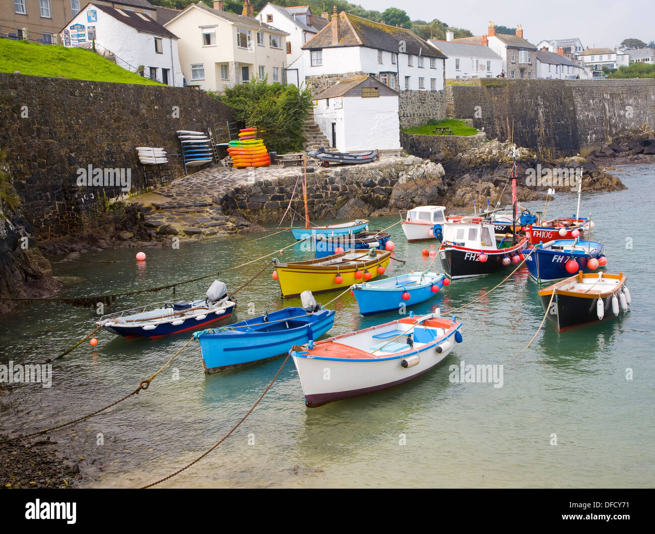 Fishing boats in the harbour at the village of Coverack, Cornwall ...