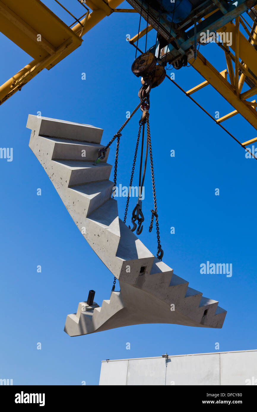 Germany, Baden Wuerttemberg, Concrete of stairs hook by crane Stock ...