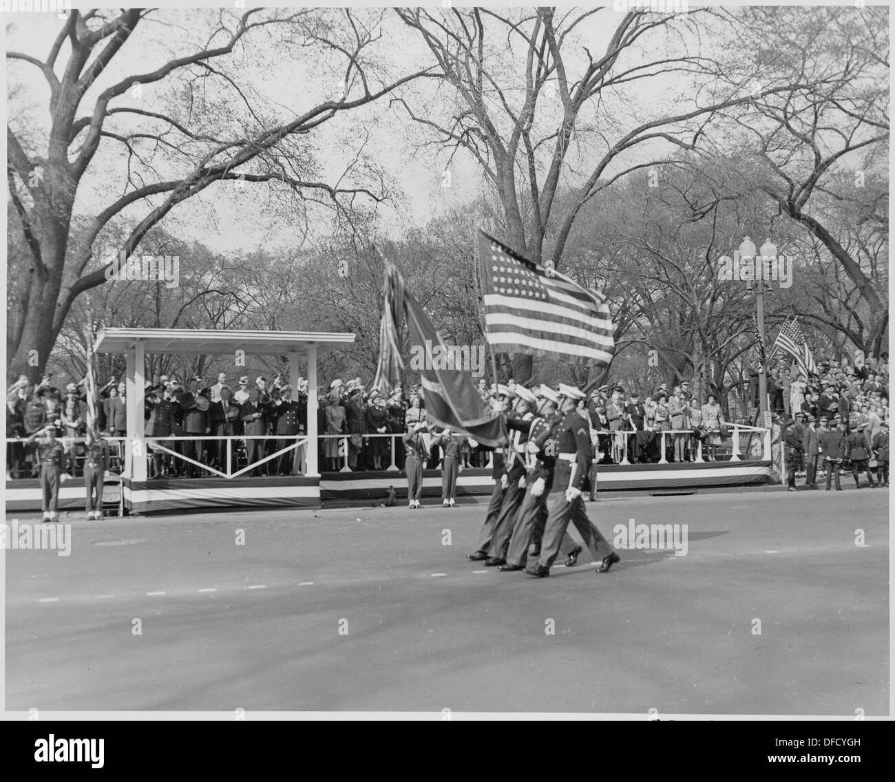 Distance view of President Truman in the reviewing stand during the ...