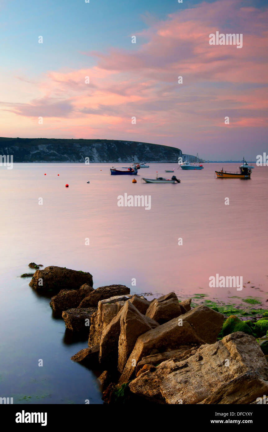UK,Dorset,Swanage,Sunset over Ballard Point, & Swanage Bay Stock Photo ...