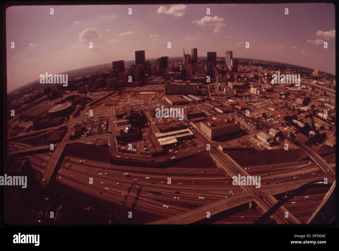 A view of downtown Dallas, Texas, with its expressways visible ...