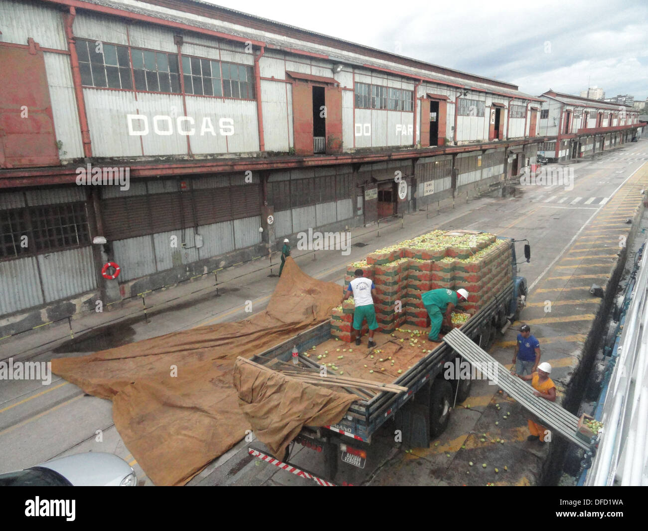 A ship being loaded in the docks of Belem at the mouth of the Amazon ...