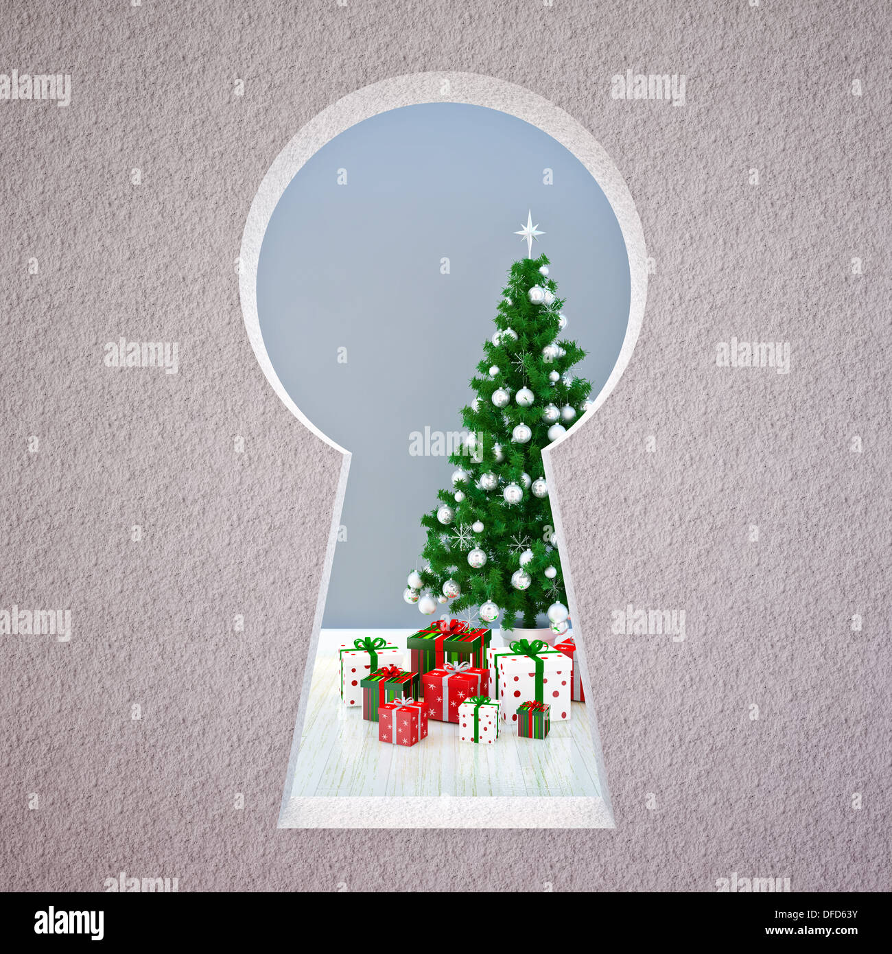 Christmas keyhole with Christmas tree & gifts Stock Photo - Alamy