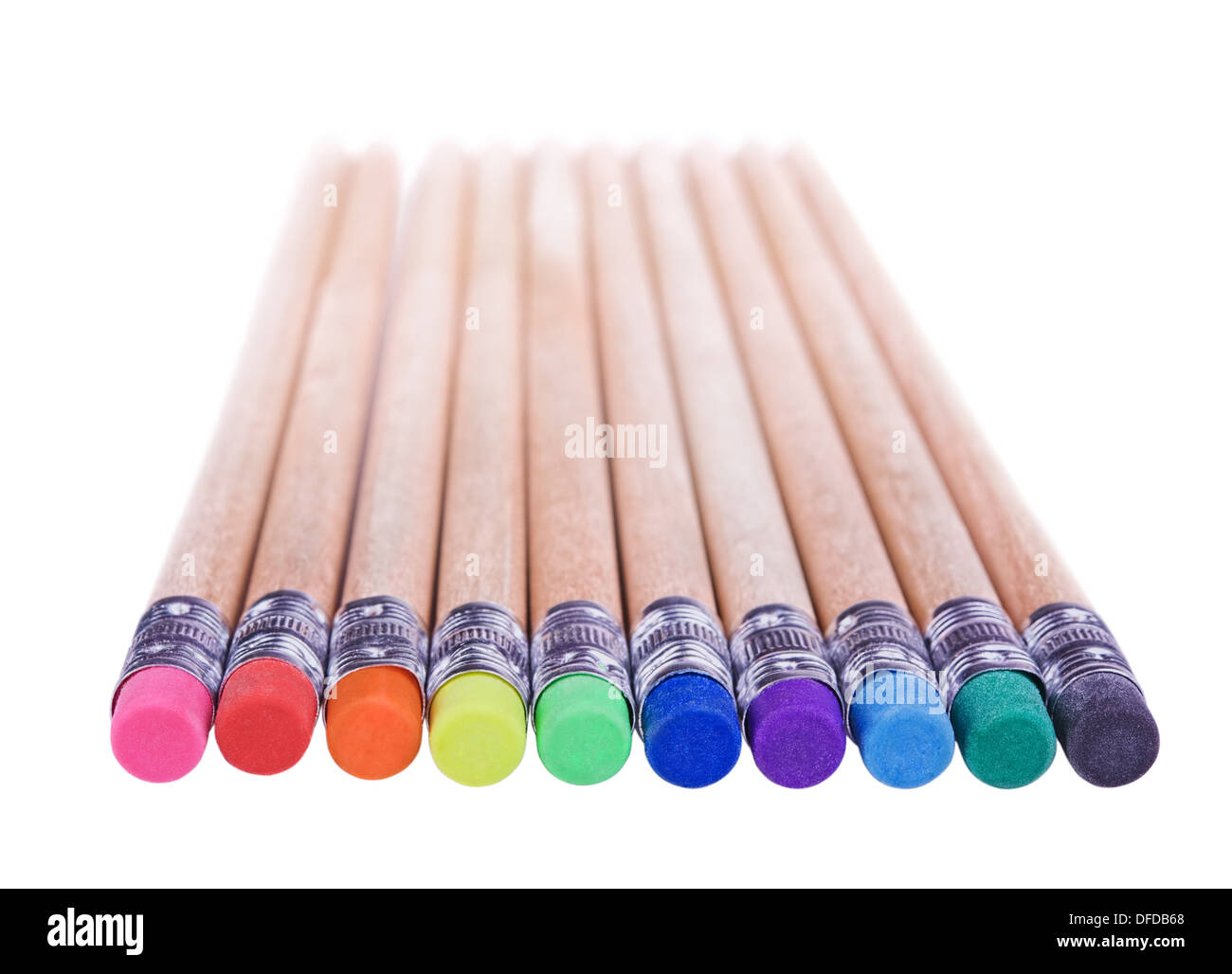 Several pencils with erasers different colours isolated on white ...