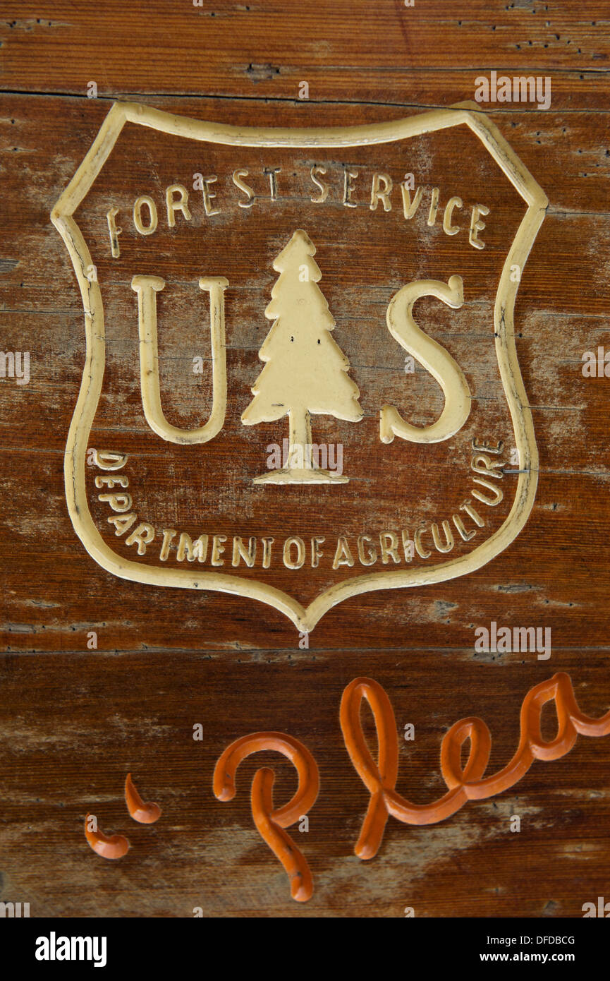 Distressed wooden sign with carved US Forest Service and Department of ...