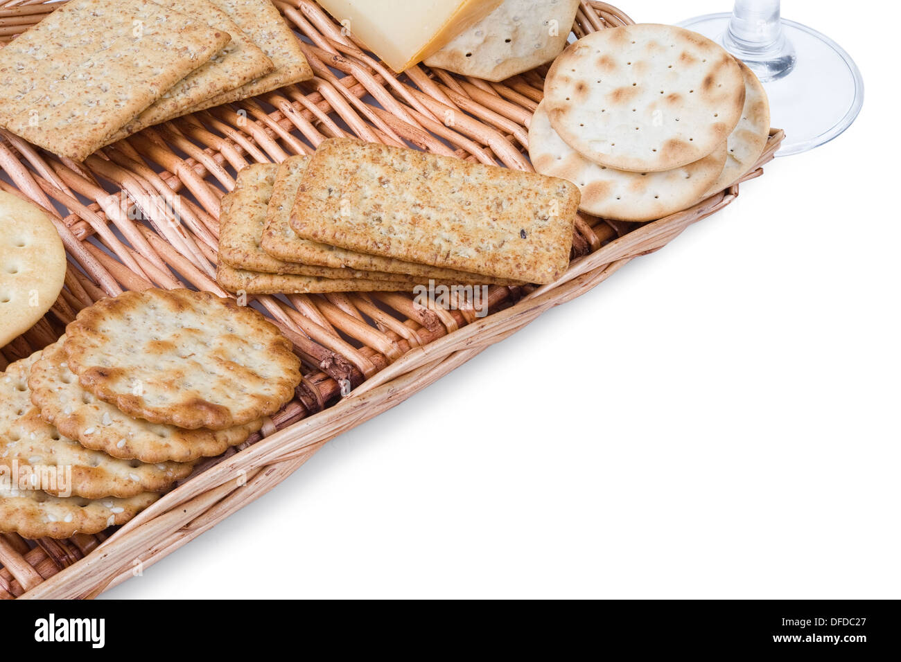 some crackers on the wicker plate isolated on white background Stock ...