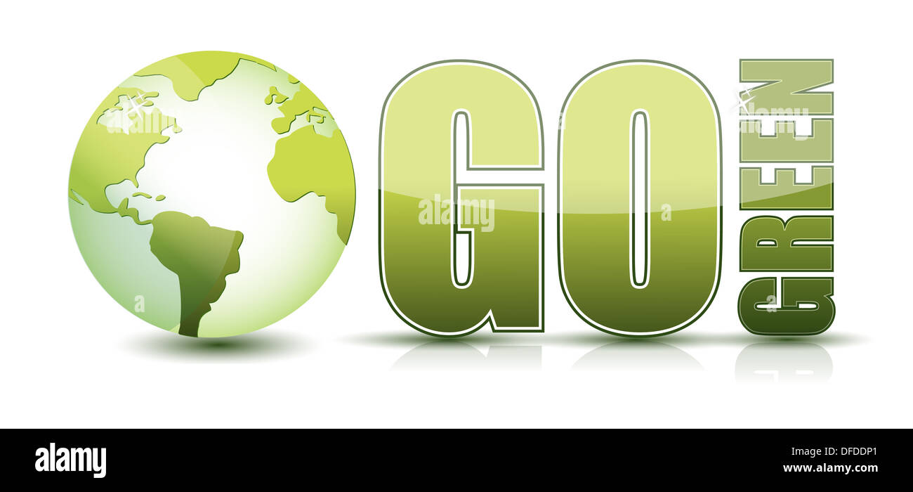 go green text illustration with globe isolated over a white background ...