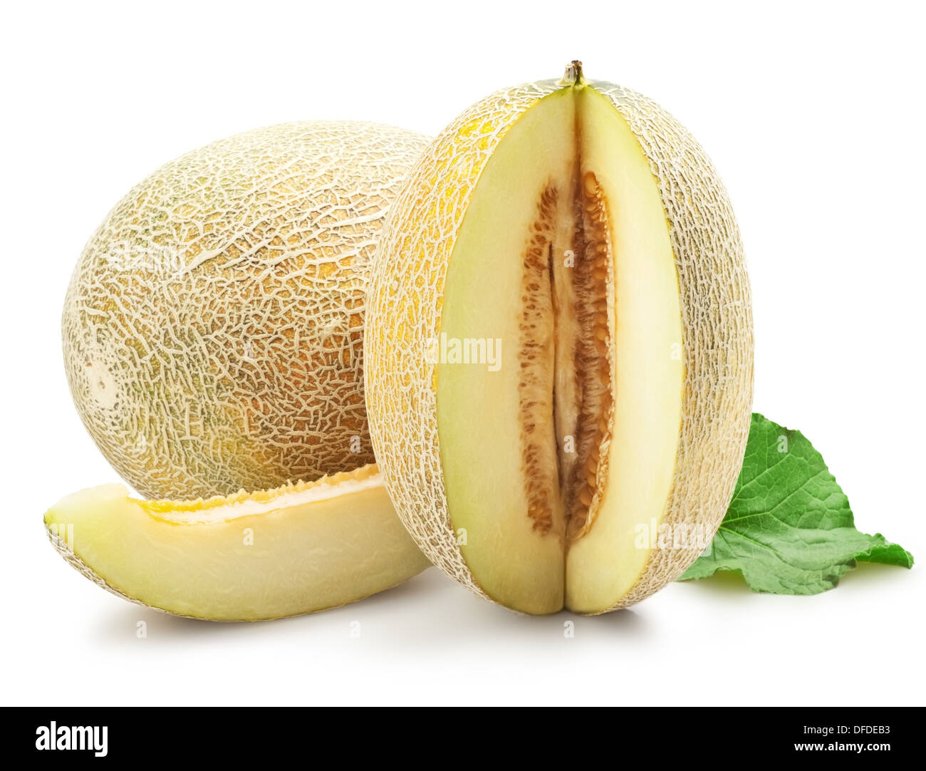 Ripe melon with sliced over white background Stock Photo - Alamy