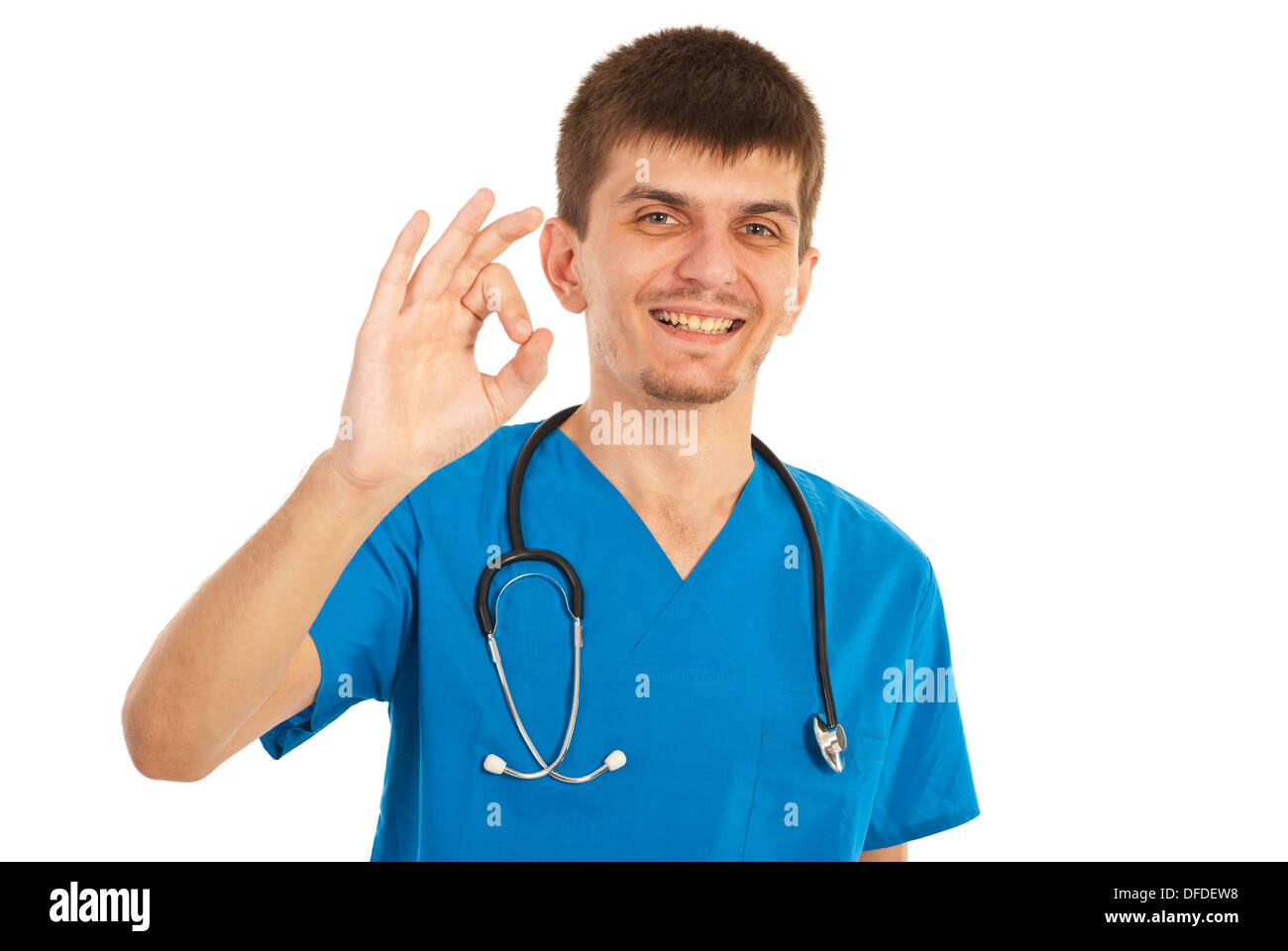 Happy young doctor showing okay sign hand gesture isolated on white ...