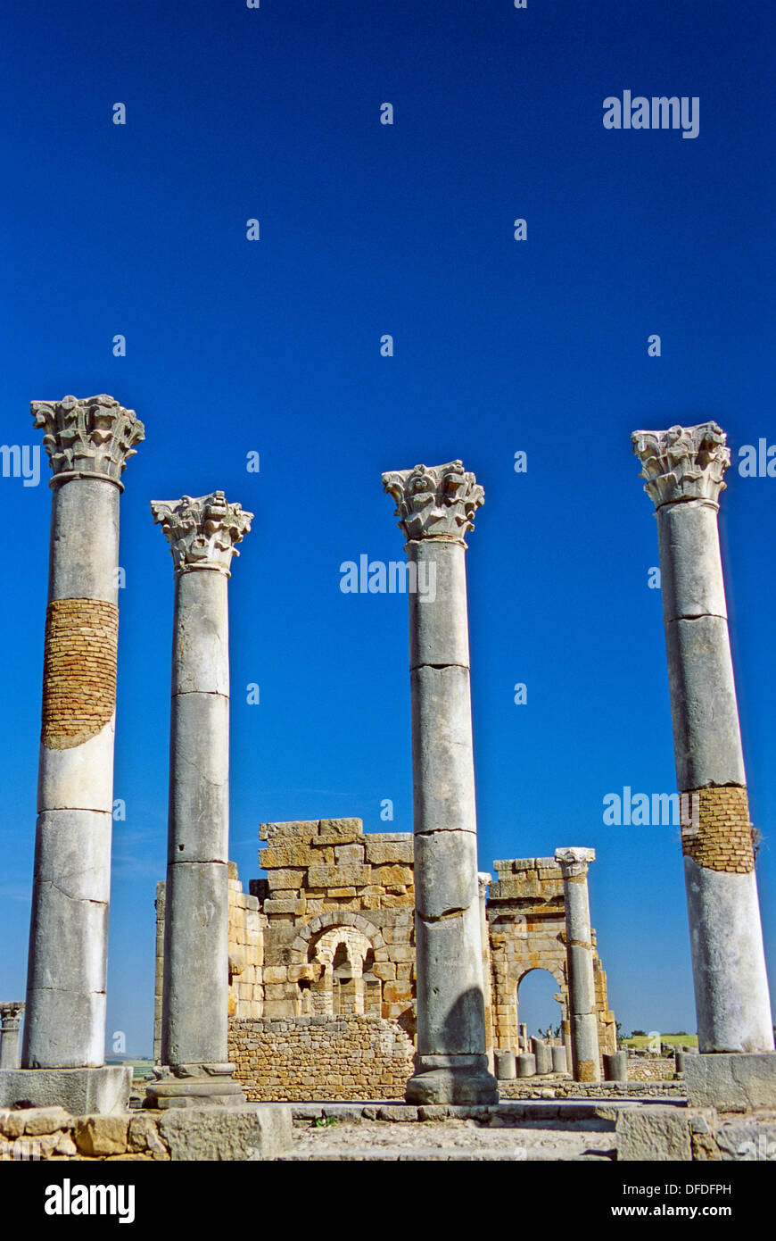 Morocco, Volubilis, the Capitol (foreground), the Basilica (background ...