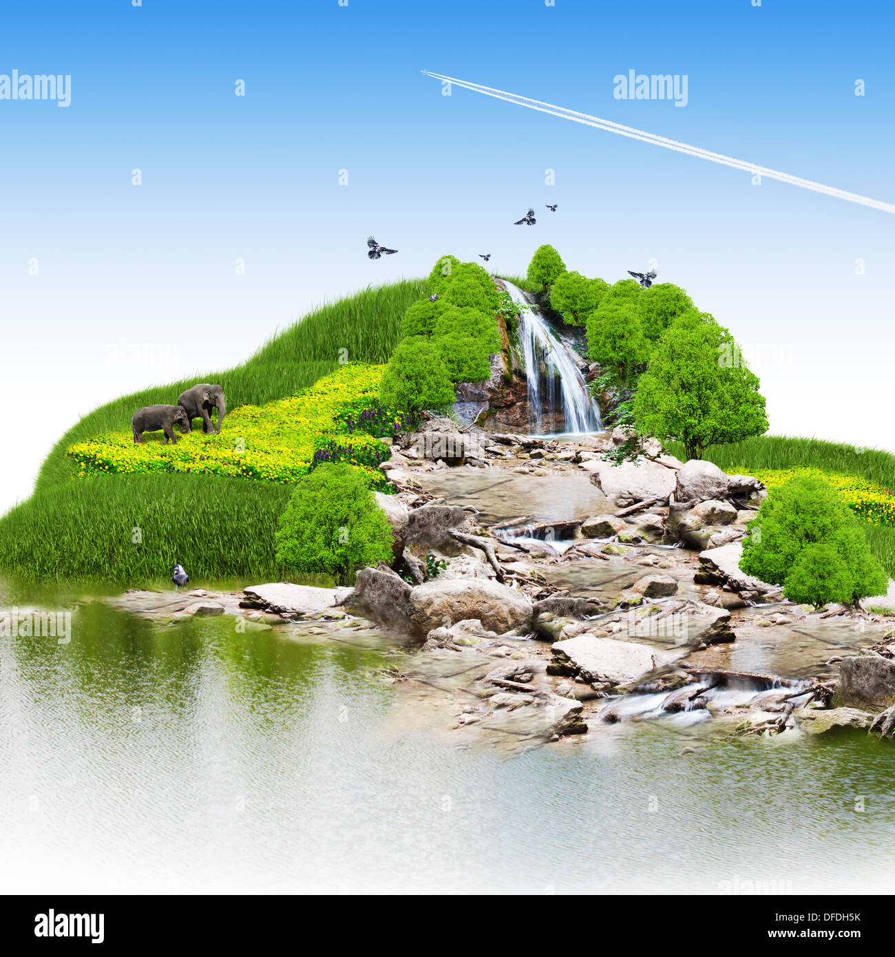 island with vegetation and a waterfall Stock Photo - Alamy
