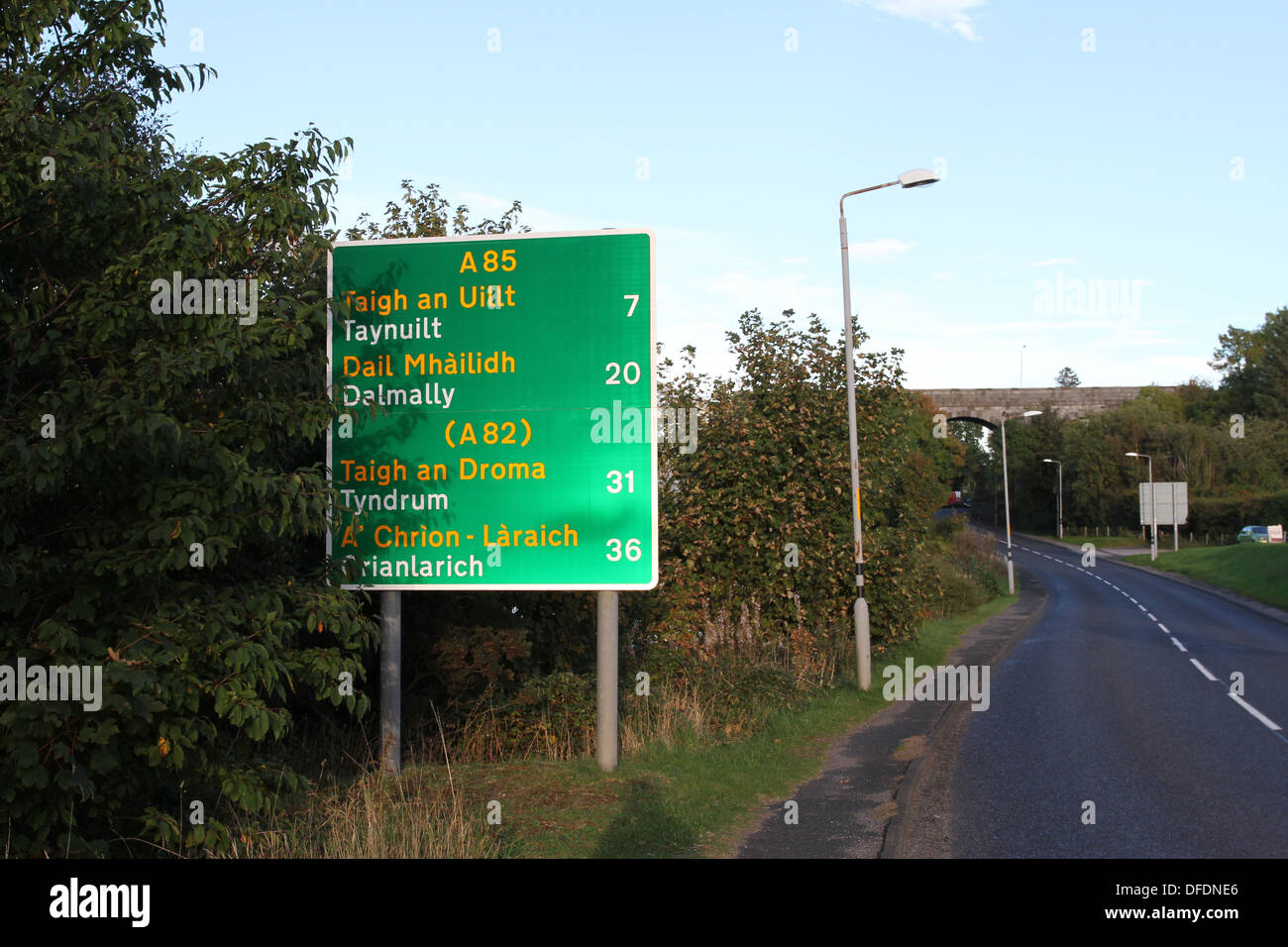 Bilingual mileage sign Connel Scotland September 2013 Stock Photo - Alamy