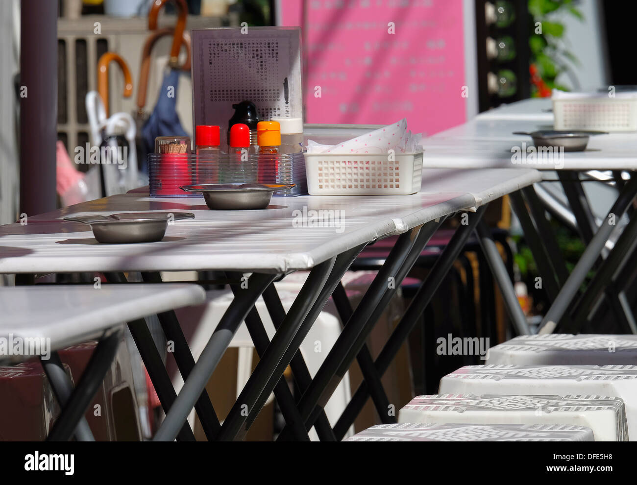 Ash trays on the tables of Japanese style bar in Asakusa Stock Photo ...