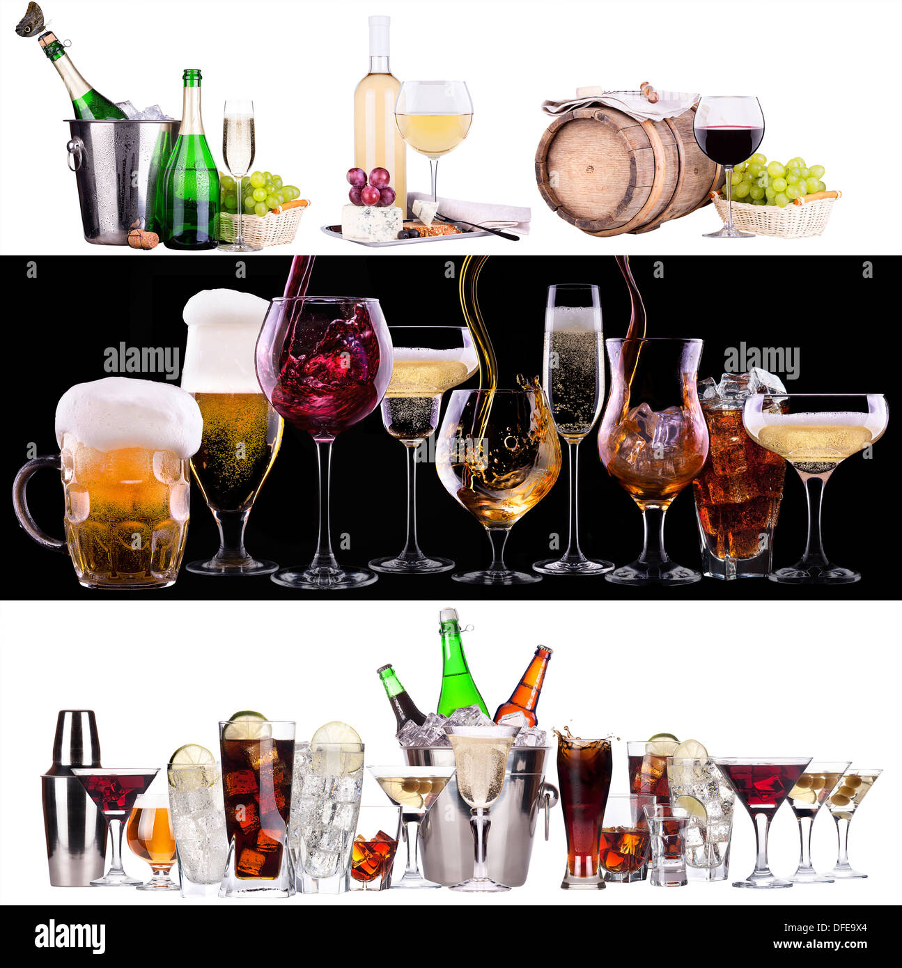 different images of alcohol - beer, martini, cola, champagne, wine ...