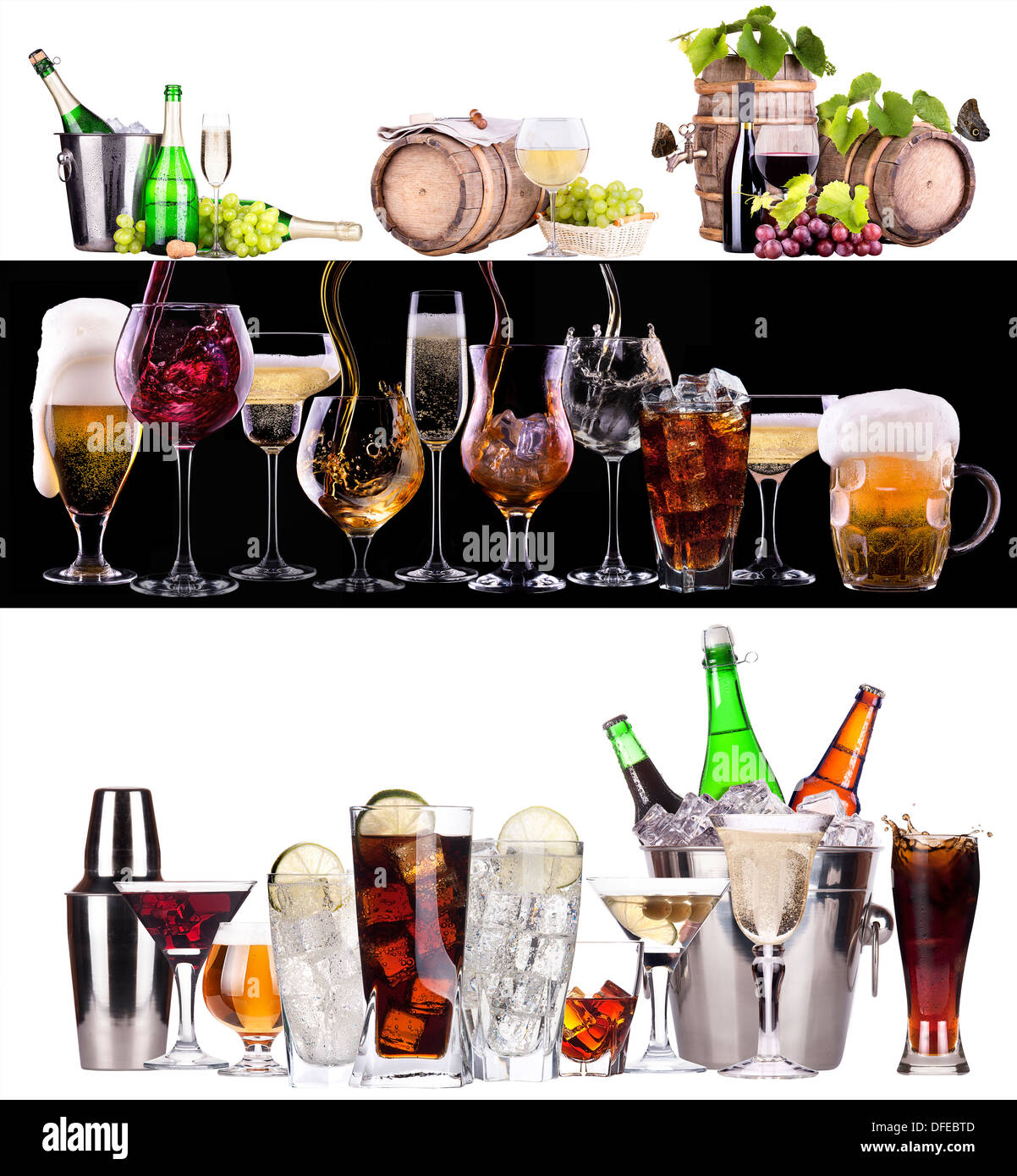different images of alcohol - beer, martini, cola, champagne, wine ...