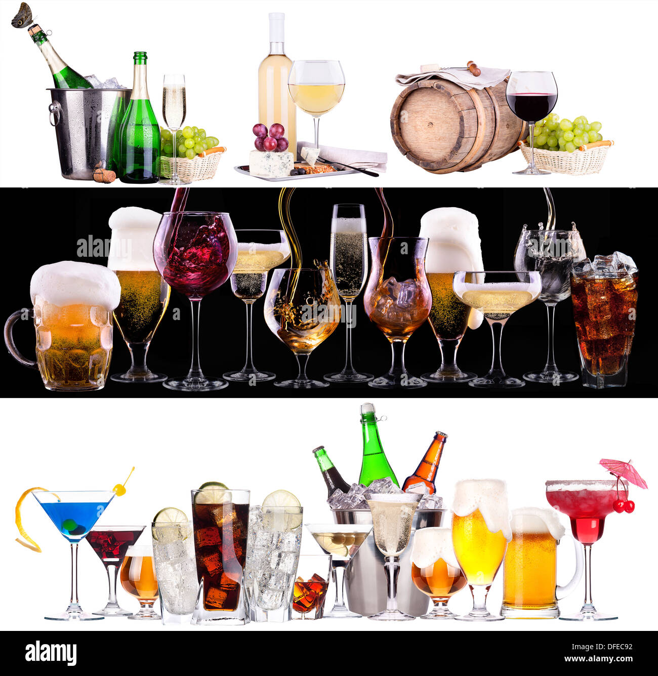 different images of alcohol - beer, martini, cola, champagne, wine ...