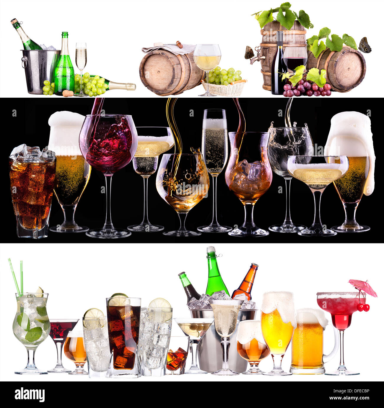 different images of alcohol - beer, martini, cola, champagne, wine ...