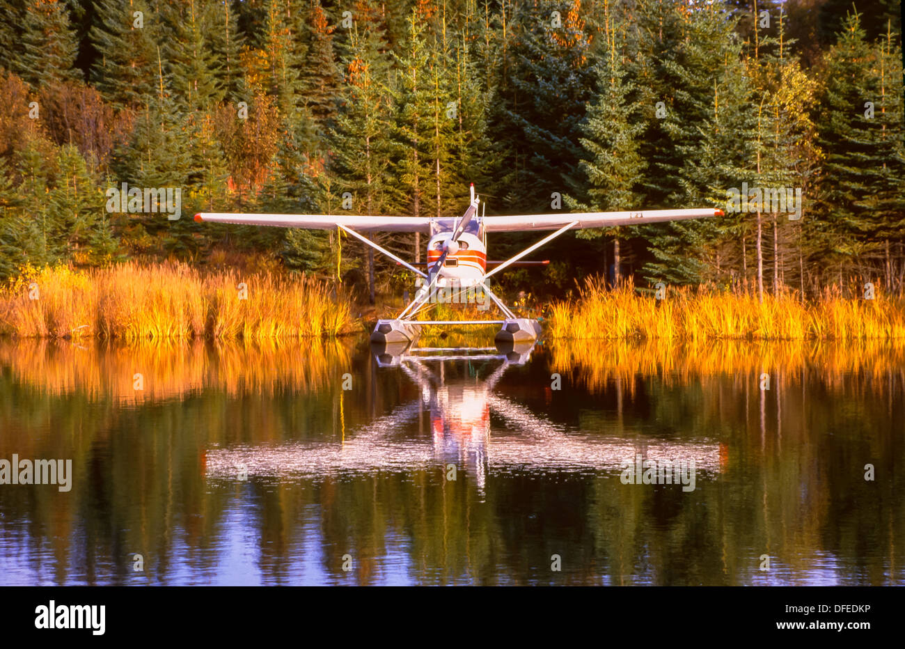 Single float plane lines up for take off reflecting image on wilderness ...