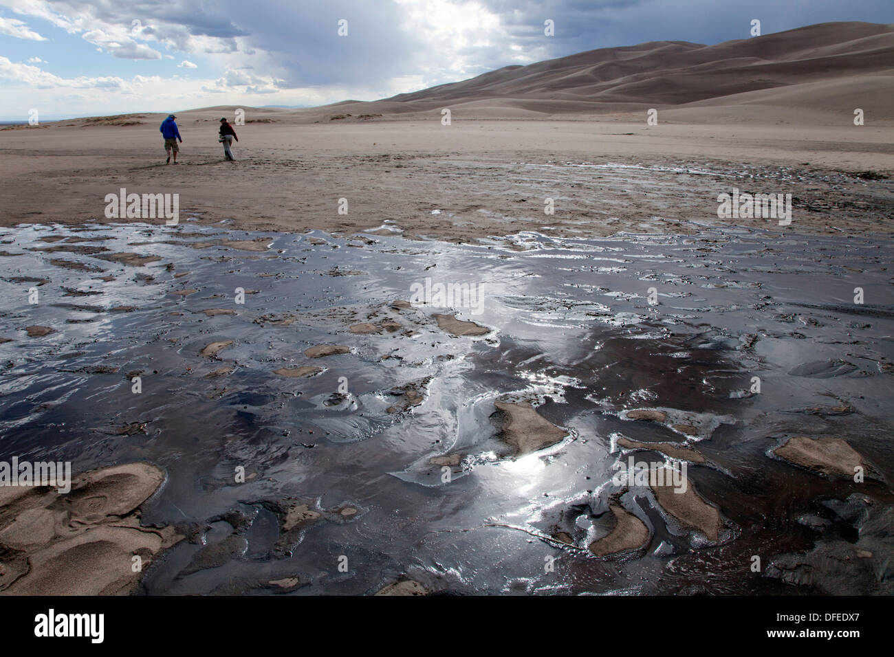 The water of Medano Creek flows briefly across a sandy wash before ...