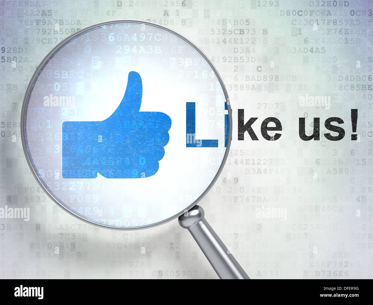 Social media concept: Like and Like us! with optical glass Stock Photo ...