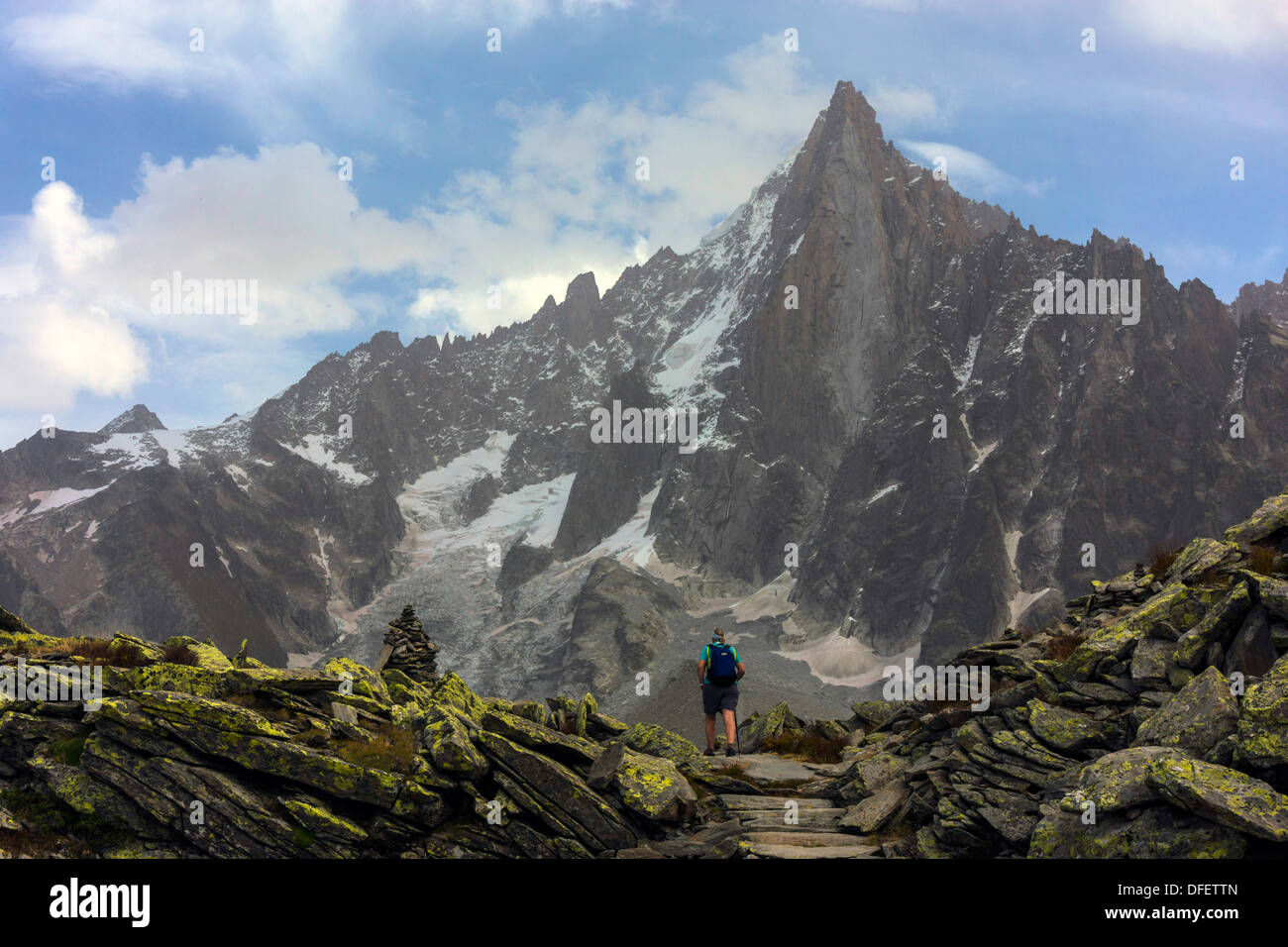 Aiguille du Dru with walker, Chamonix Mont Blanc, Alps, mountain peaks ...