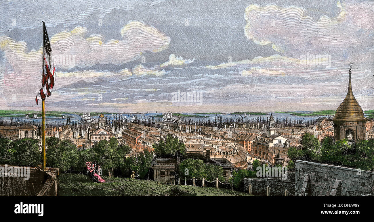 Boston viewed from Cotton or Pemberton Hill, 1816. Hand-colored woodcut ...
