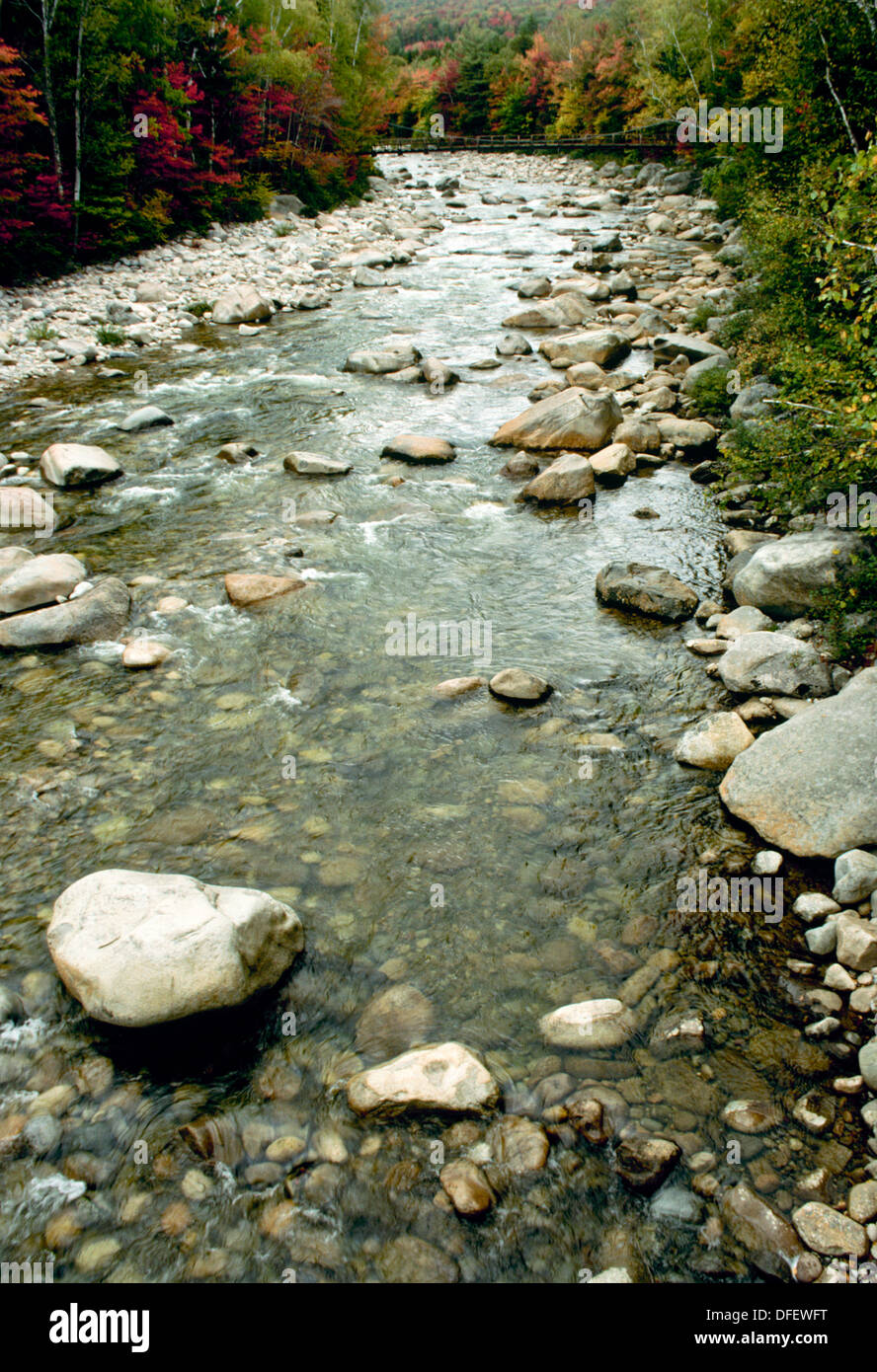 Swift River footbridge in fall after rainy day, New Hampshire, USA ...