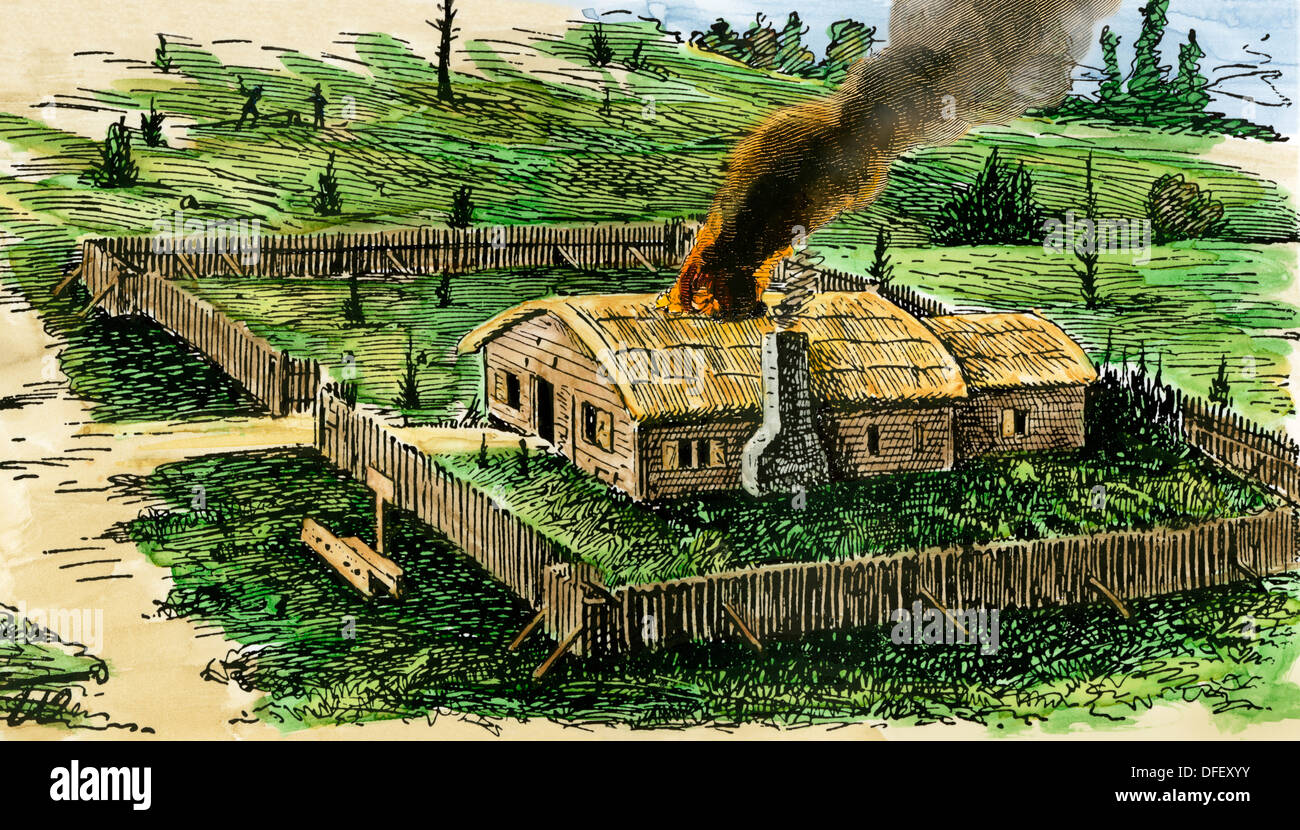 Thatched house on fire in Plymouth Colony, 1620s. Hand-colored Stock ...